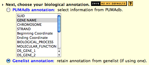 PUMAdb : Help : Genelist Help